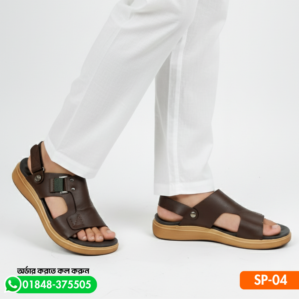 Runleatherbd-Mens fashionable Style Double Belt Casual Sandal Brown SP-04